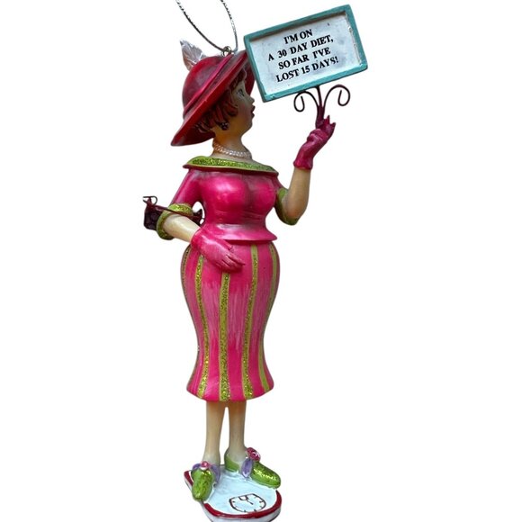 Holiday | Lady With Sign Figurine Ornament 6 Tall Pink Dress Hat With ...